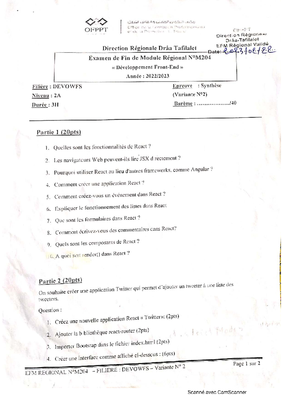 Examen de Fin de Module Régional DEVOWFS - React JS 2A - Studocu