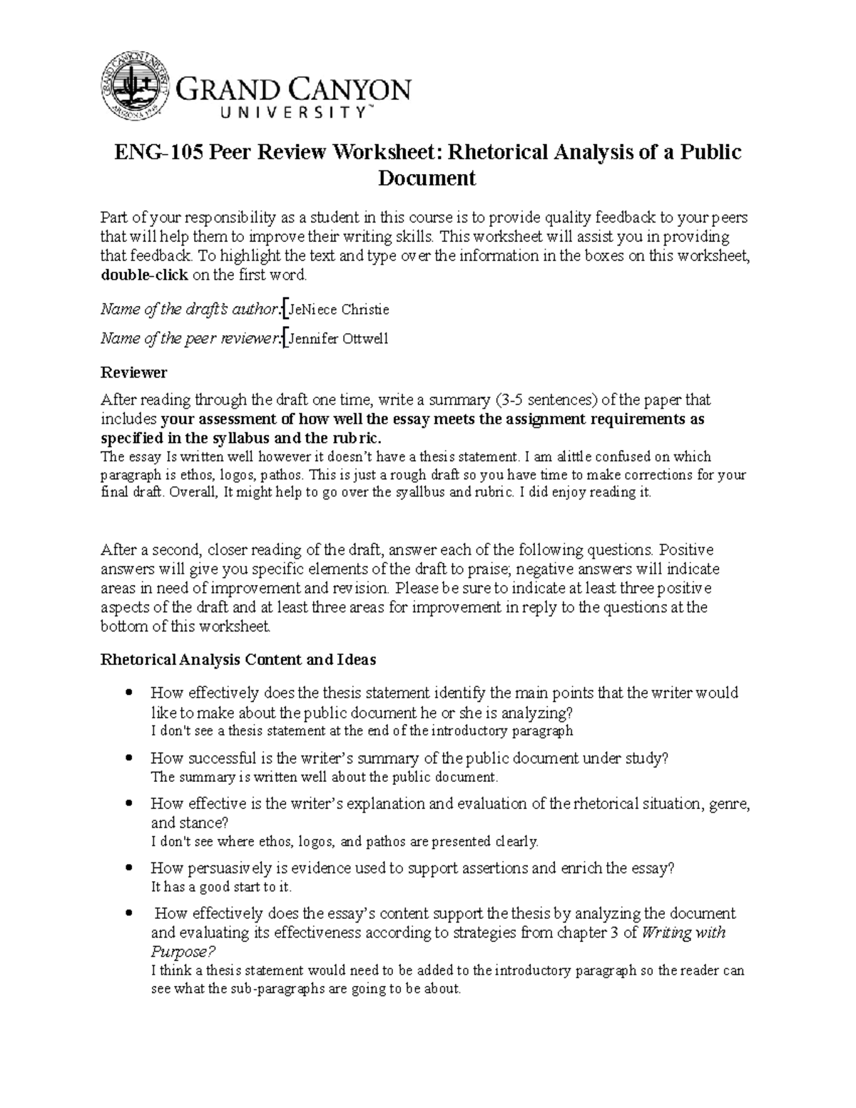 ENG105 Rhetorical Analysis Peer Review Worksheet - ENG-105 Peer Review ...