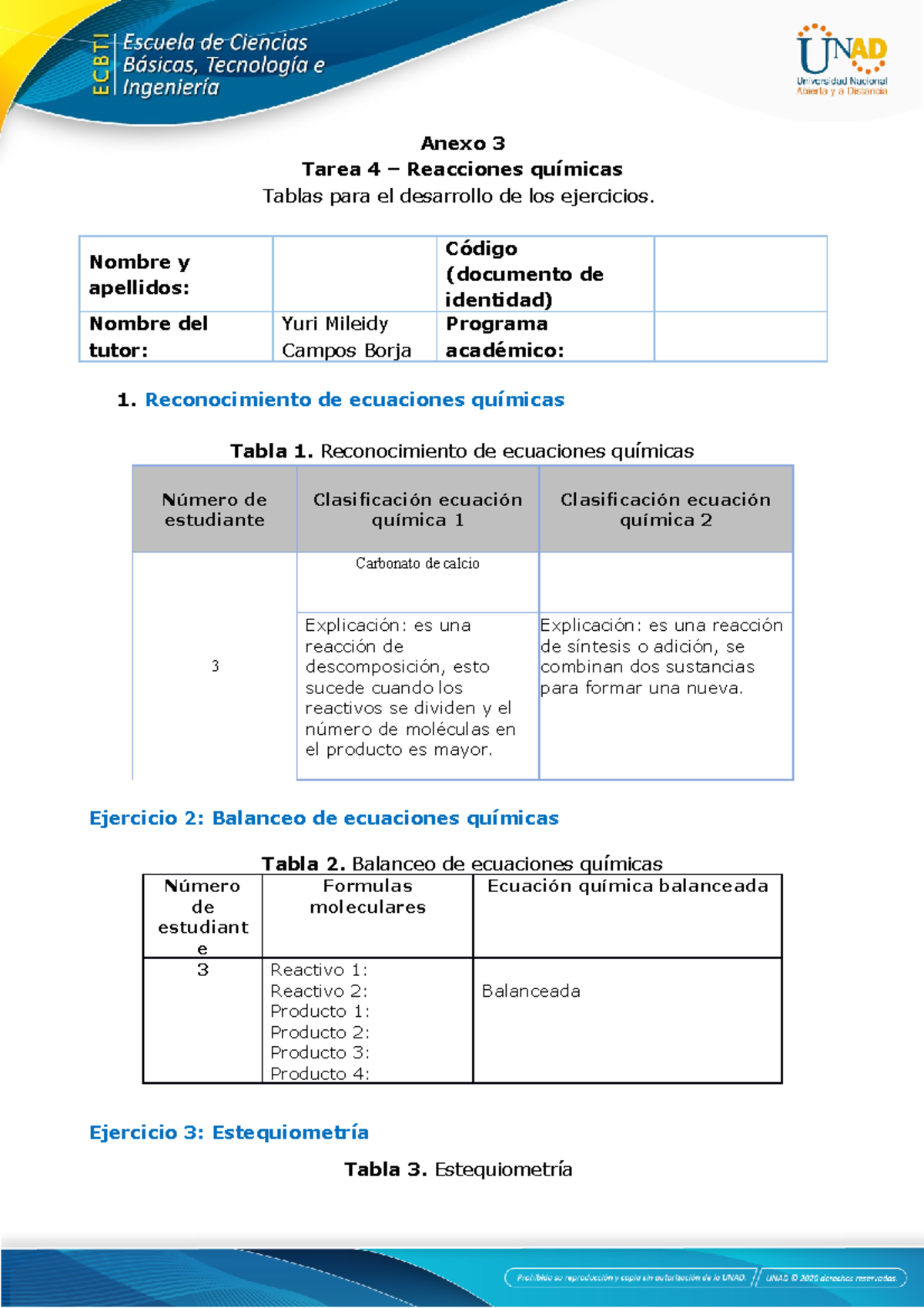 Anexo 3 - copia - Ejercicios de Reacciones químicas - Anexo 3 Tarea 4 ...