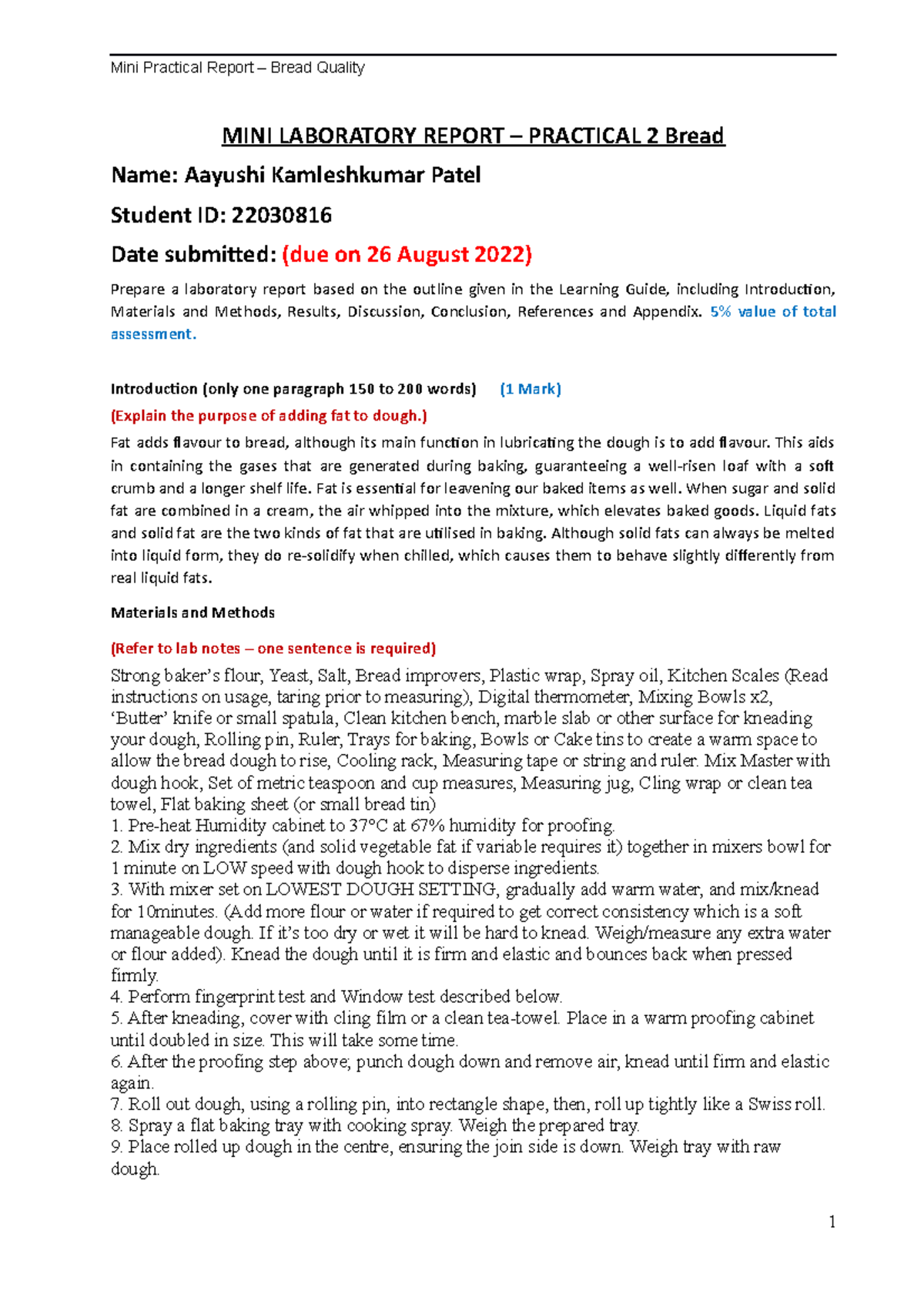 Mini Lab Report Template: Bread Practical for PROC1005 & PROC1007 - Studocu