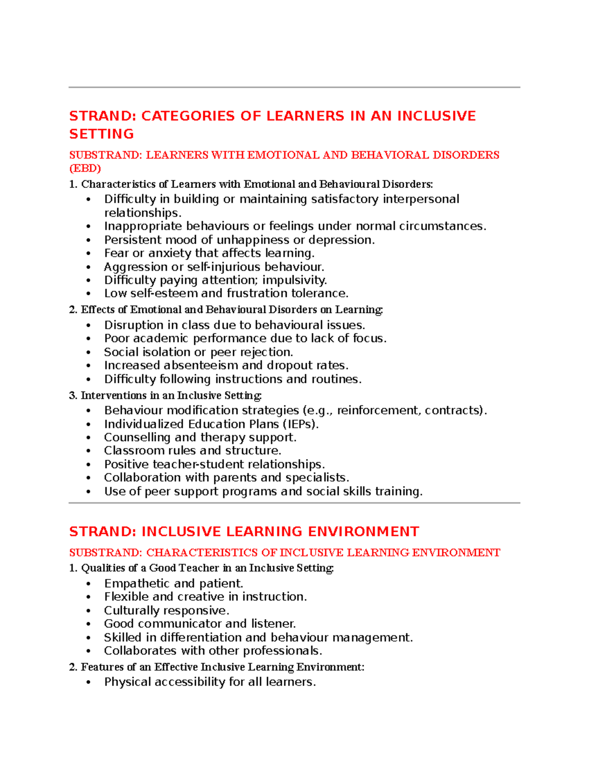 Educational Assessment Notes: Learners with EBD & Inclusive Strategies ...
