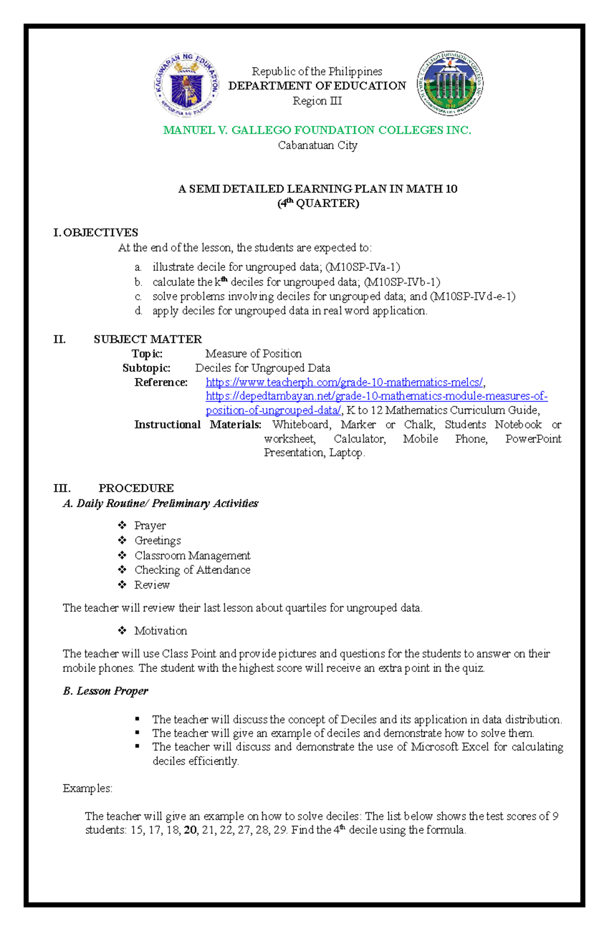 Decile Semi Detailed lesson plan - Republic of the Philippines ...