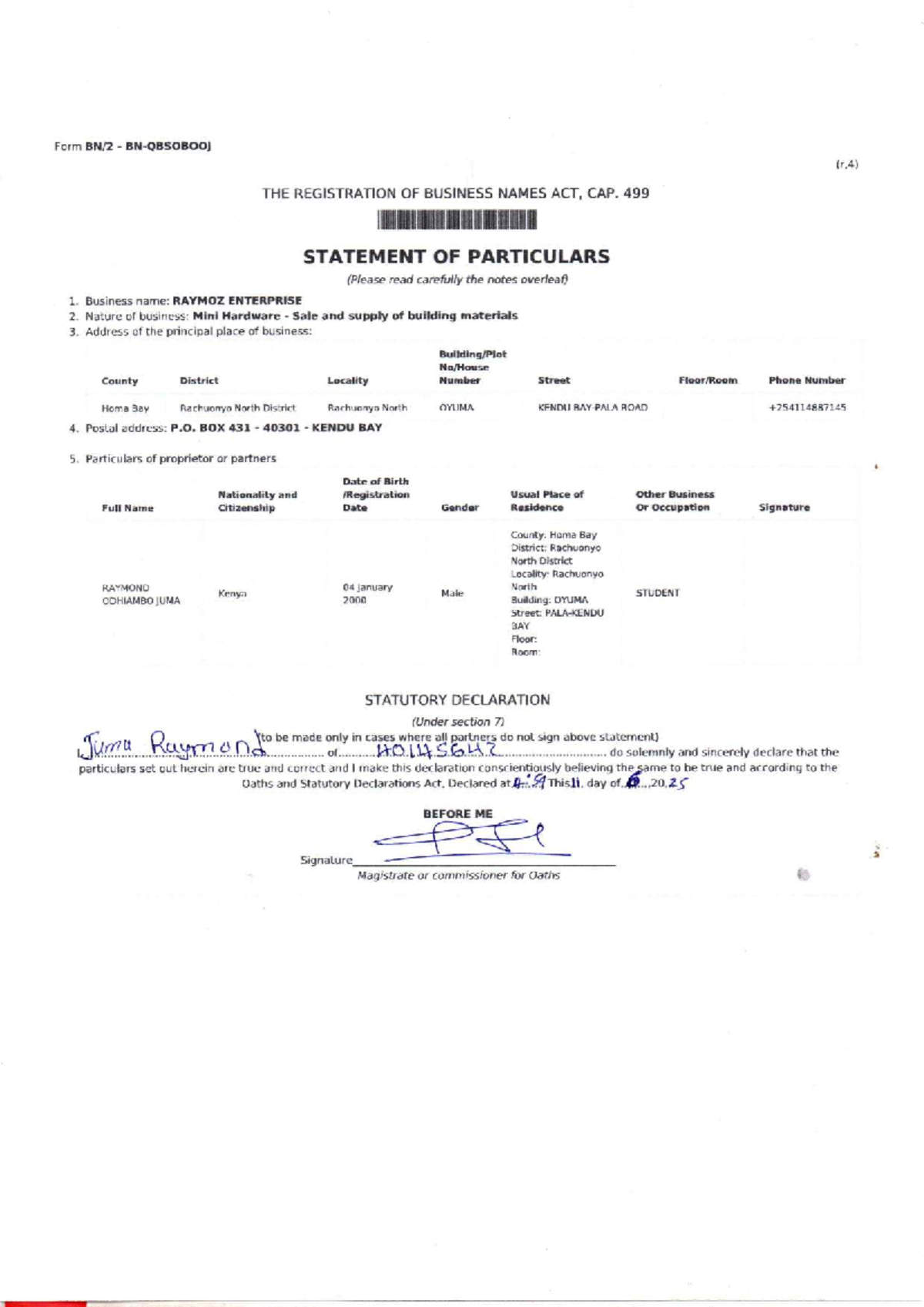 BN2 FORM: Registration of Business Name - Raymoz Enterprise - Studocu