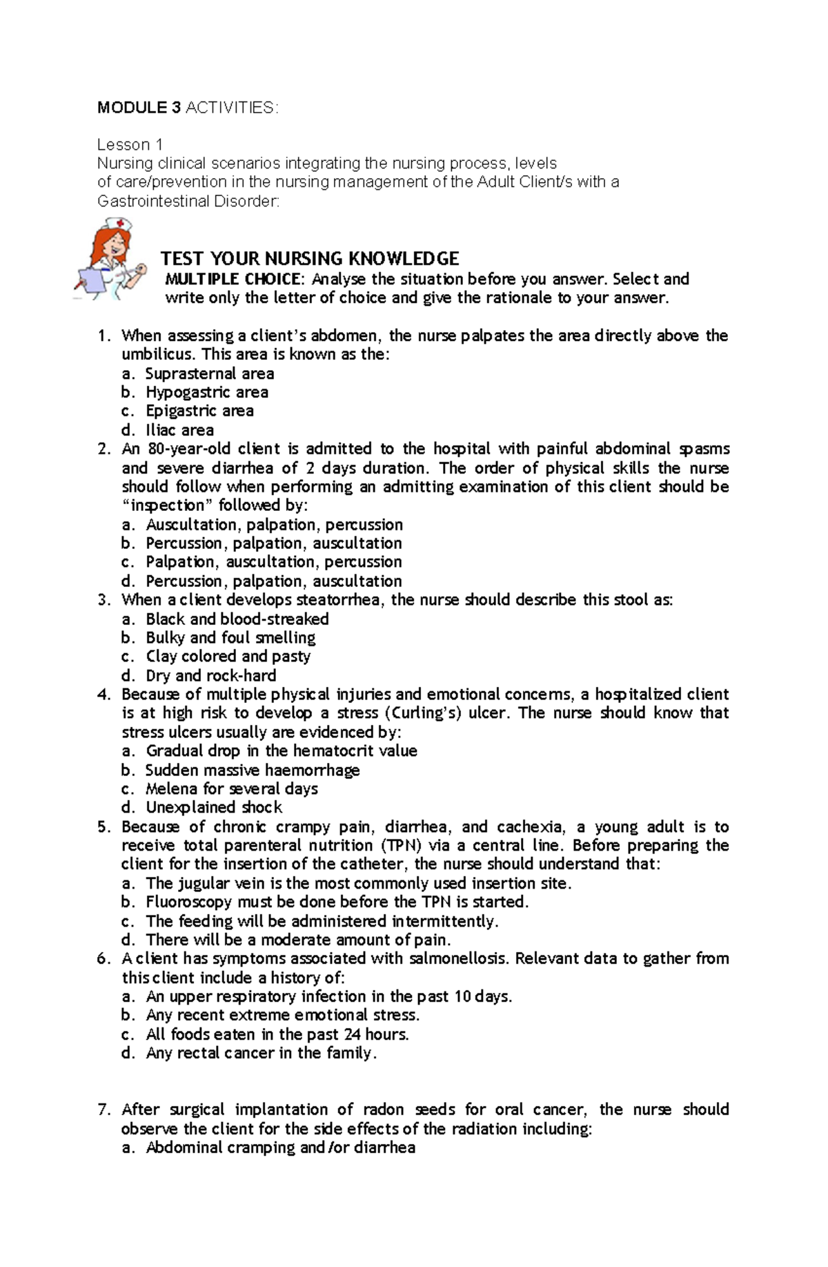 22 CA-1 - Module 3 - Nursing Activities on Gastrointestinal ...