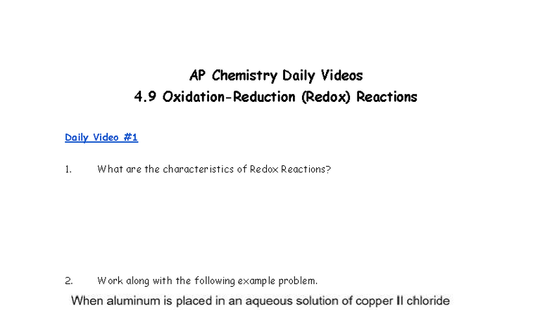 4.9 Oxidation-Reduction (Redox) Reactions - AP Chemistry Daily Videos 4 ...