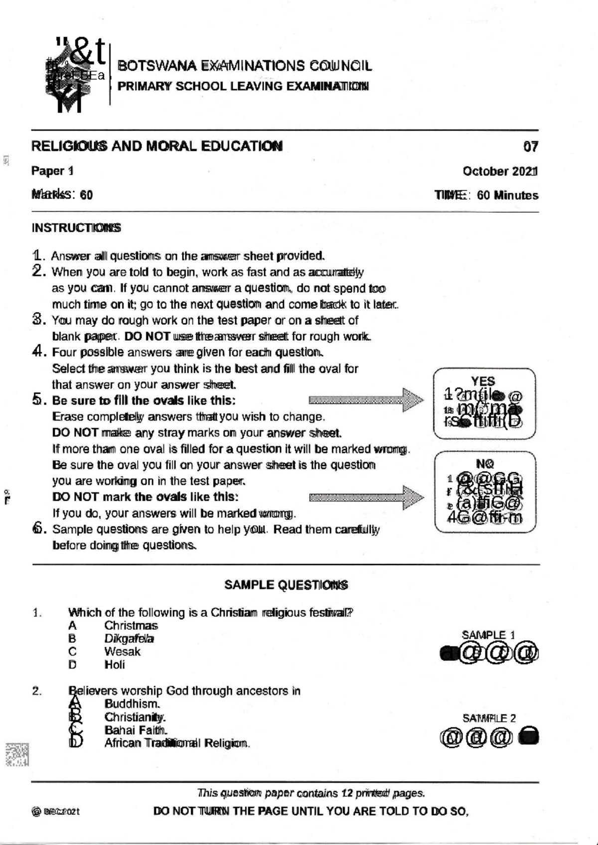 PSLE RME 2021 Exam Paper & Marking Key - Studocu