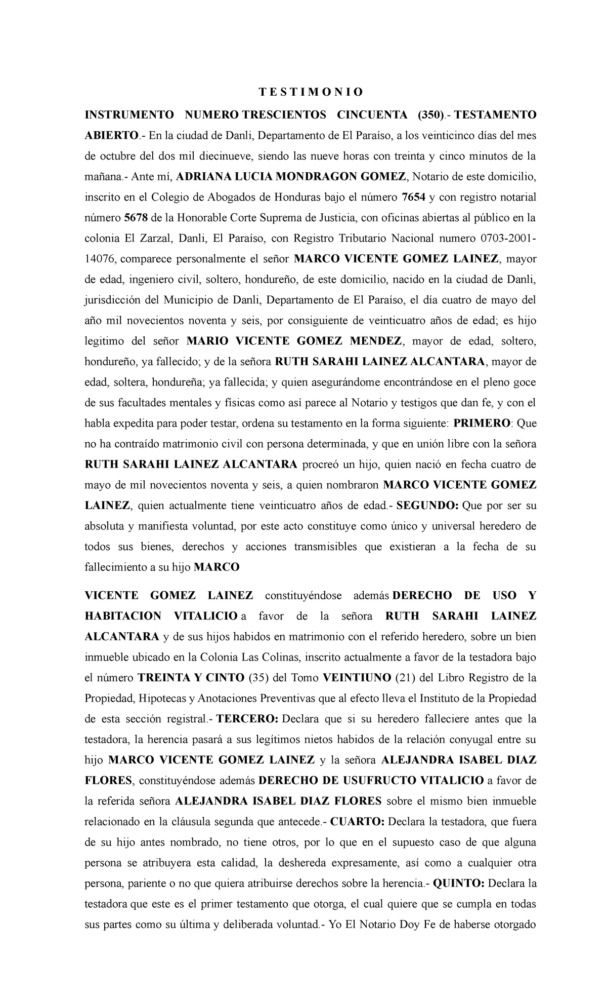 Testamento Abierto de Marco Vicente Gomez Lainez - Instrumento 350 ...