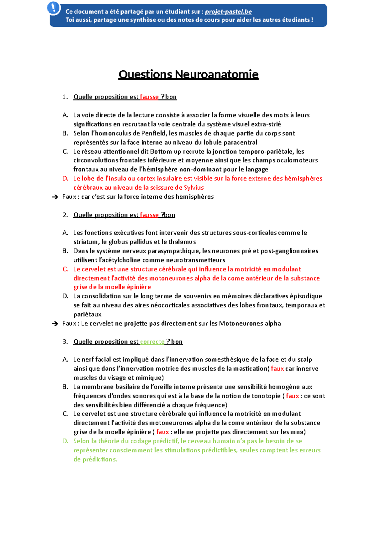 Questions d'Examen en Neuroanatomie 1 (NEURO 101) - Studocu