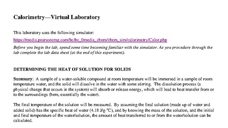Virtual Calorimetry Lab: Heat of Solution & Neutralization - Studocu