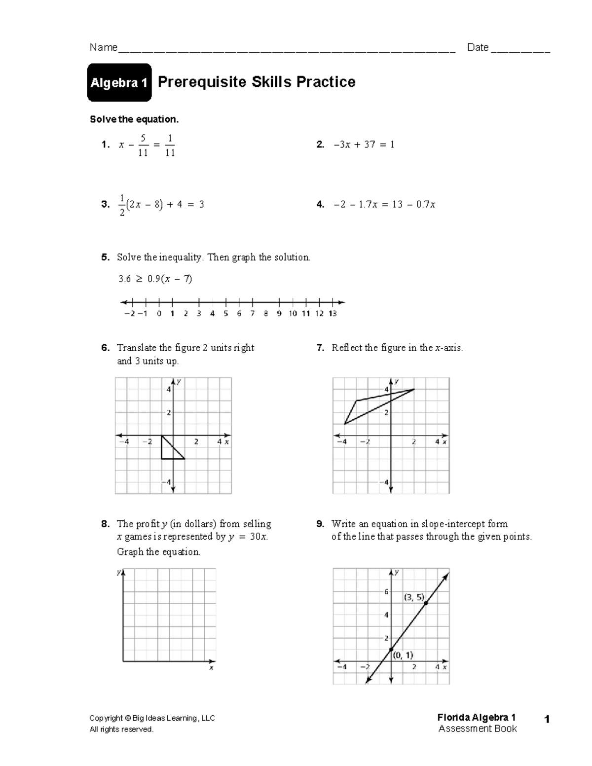 Algebra 1 Prerequisite Skills Practice Guide - Studocu