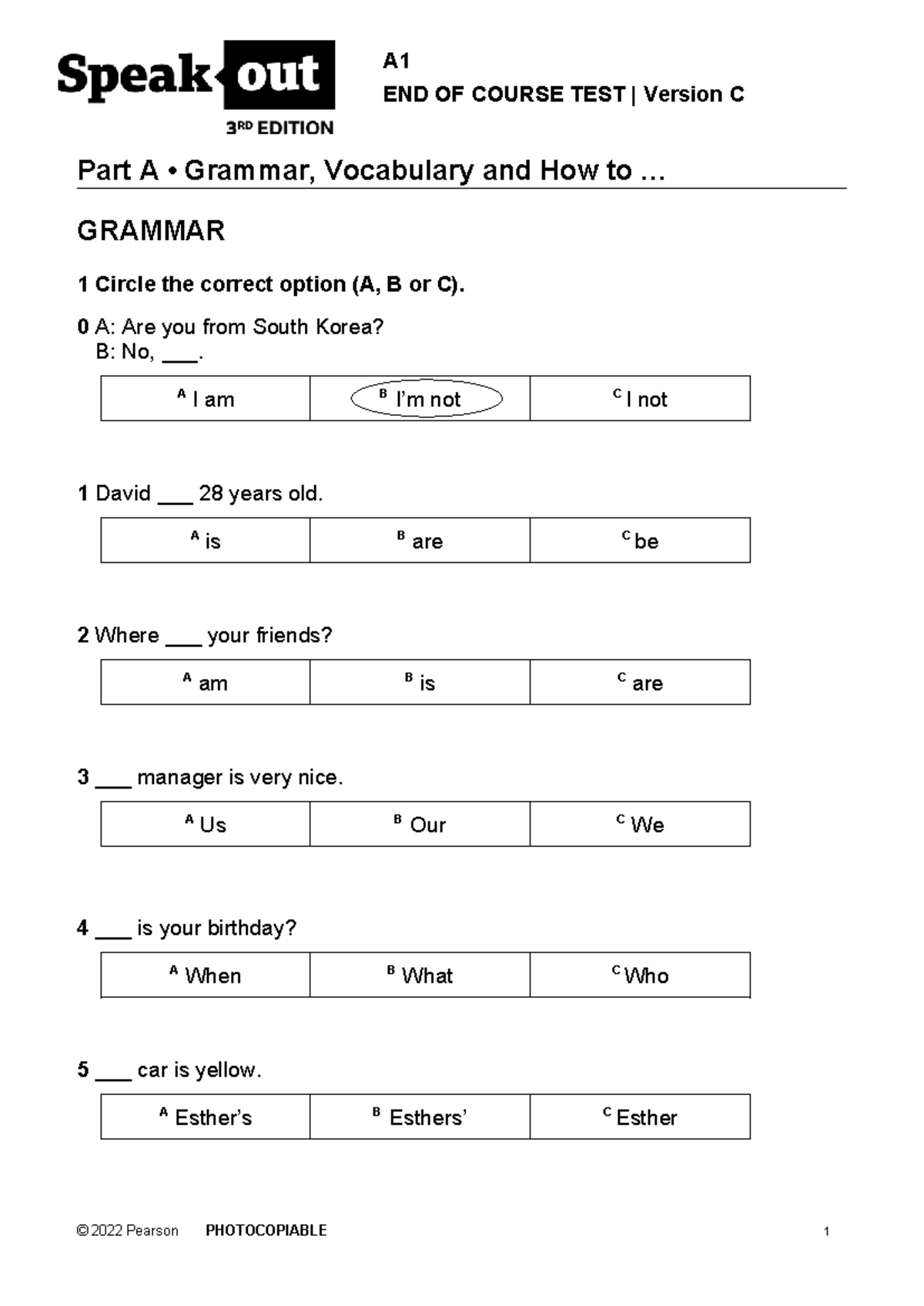 SO3 A1 End of Course Test: Grammar, Vocabulary, Listening & Writing ...