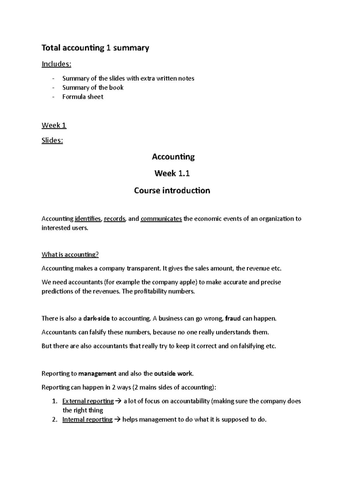 Total Accounting 1 Summary - Key Concepts and Formula Sheet - Studeersnel