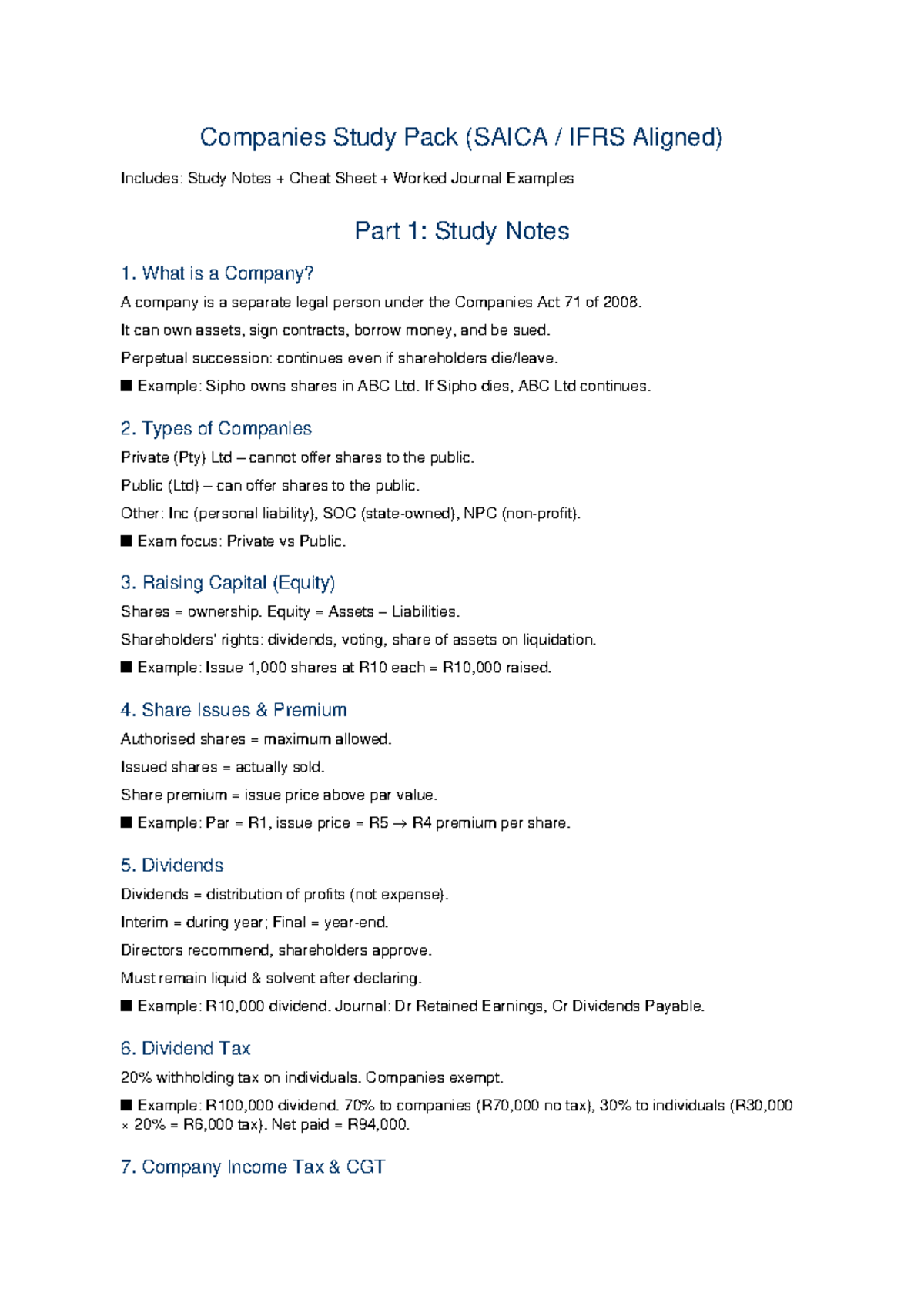 Companies Exam Cheat Sheet (SAICA IFRS Aligned) - Studocu