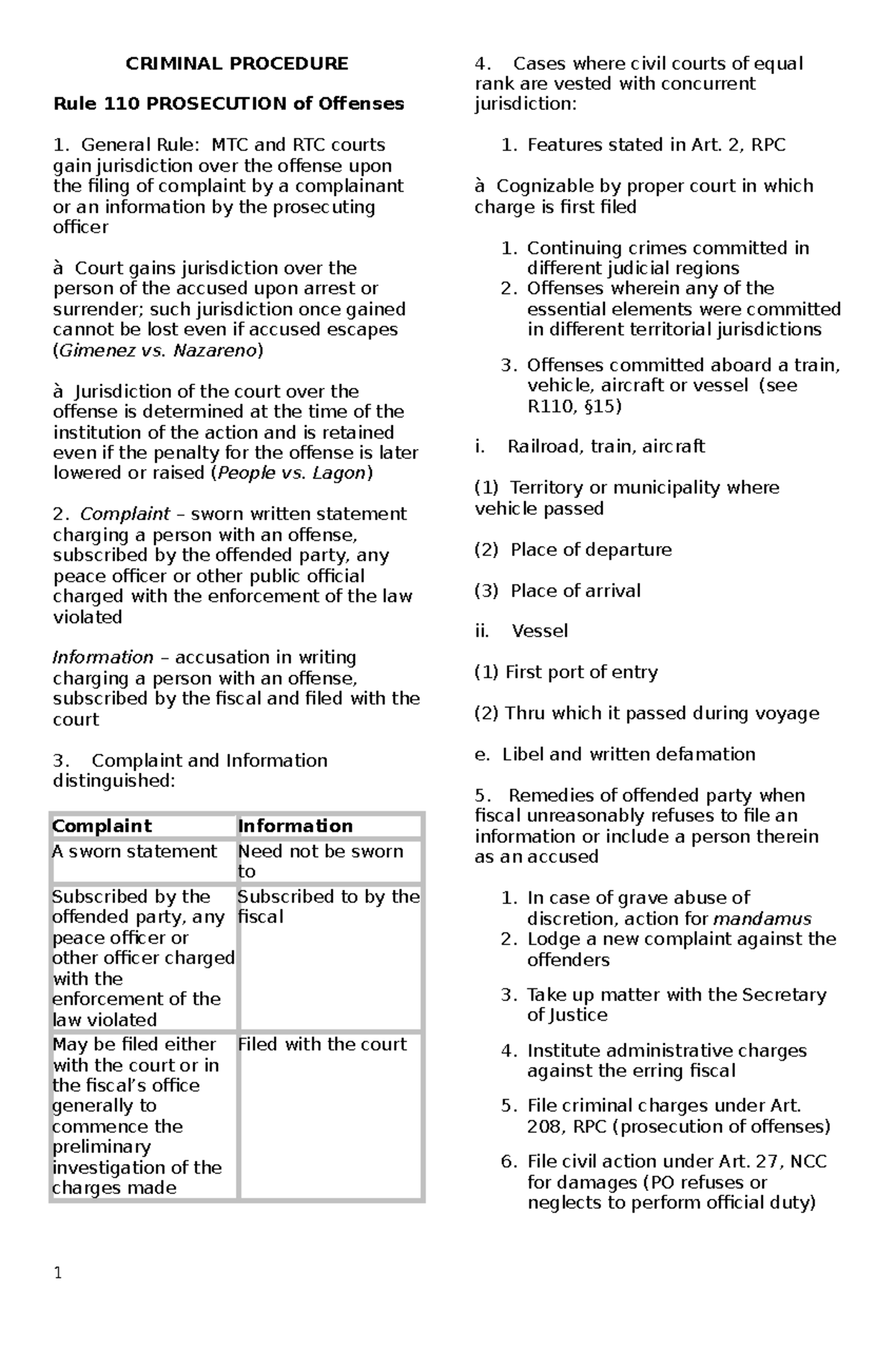 CRIMINAL PROCEDURE Rule 110: Prosecution of Offenses Reviewer - Studocu