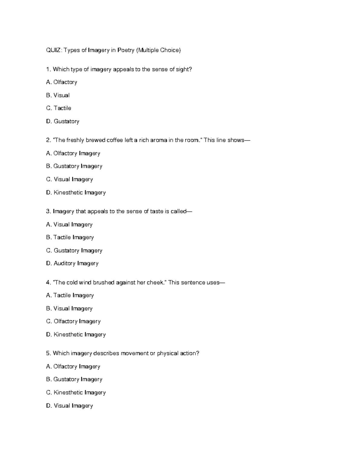 QUIZ: Types of Imagery in Poetry (Multiple Choice) - Studocu