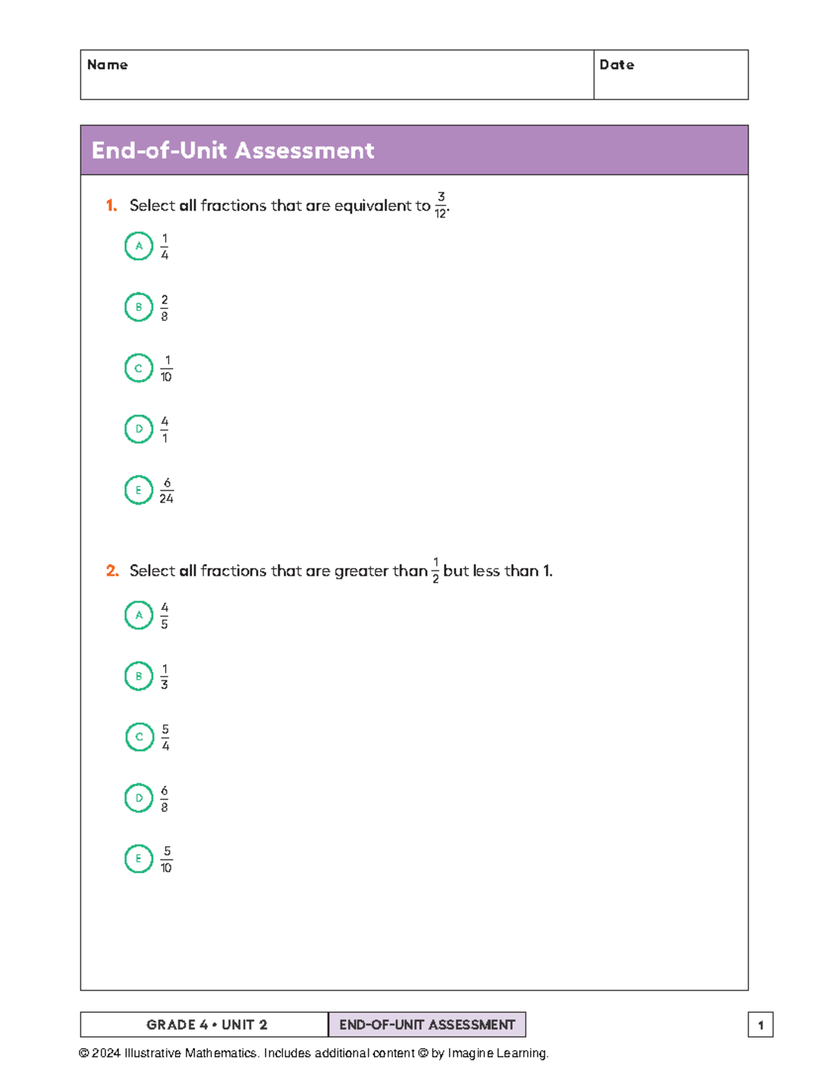 Grade 4 Unit 2 End-of-Unit Assessment on Fractions 2024 - Studocu