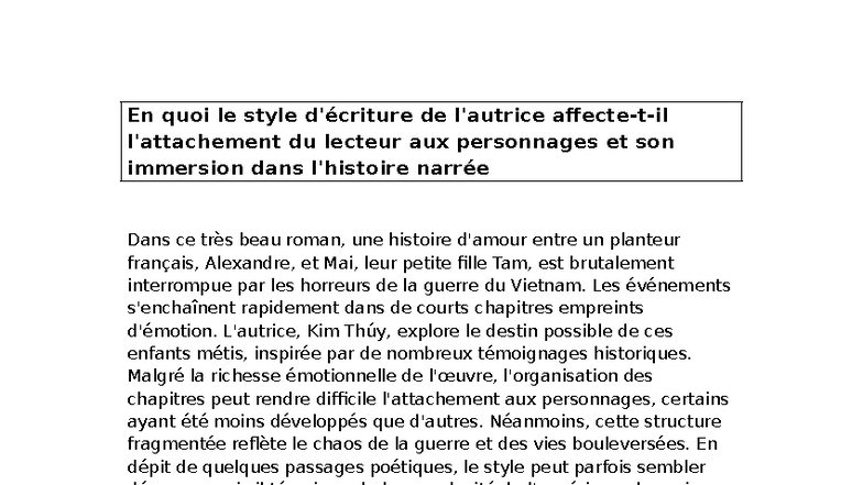 Analyse du Style et de l'Immersion dans le Roman de Kim Thúy - EM - Studocu