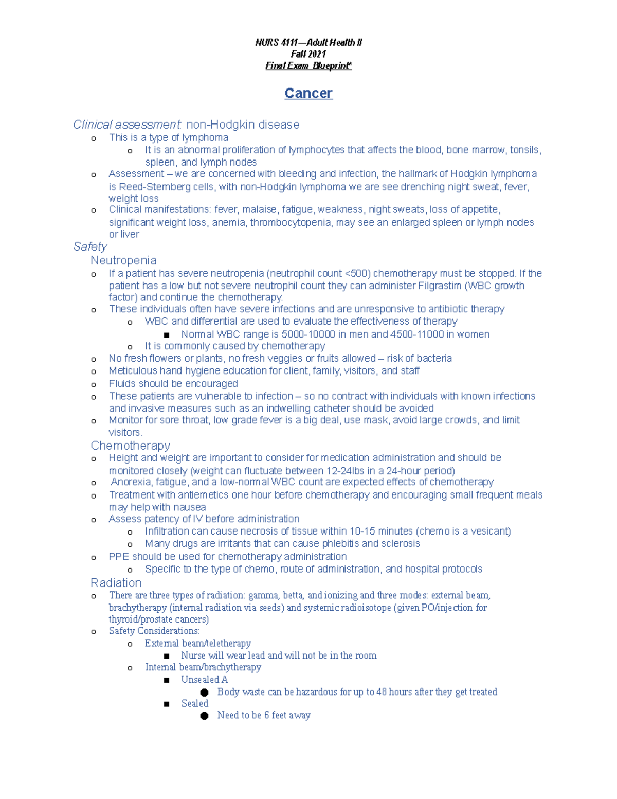 AHII Fall 2021 Final Exam Blueprint: Key Concepts & Nursing ...