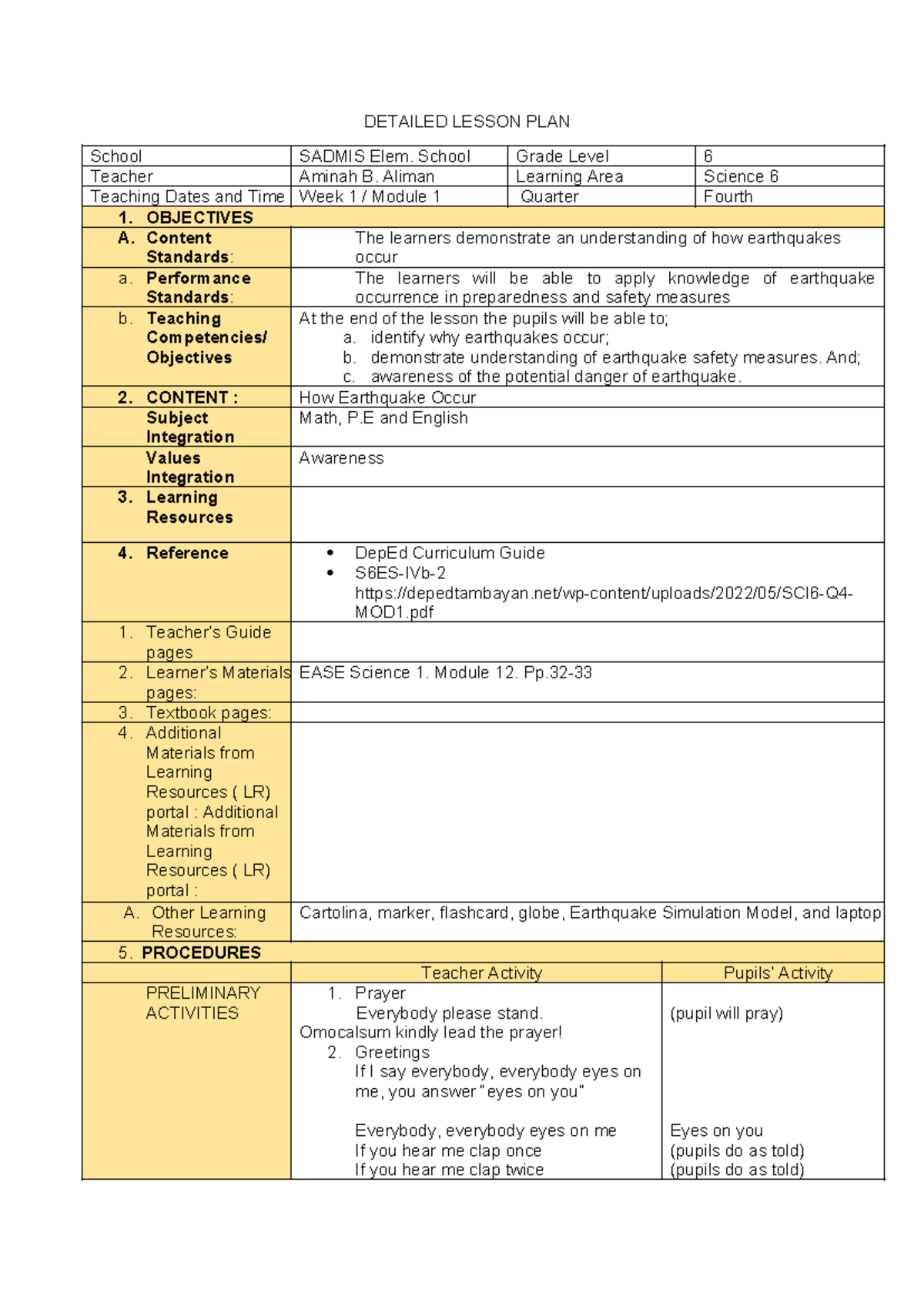 Grade 6 Science Lesson Plan: Understanding Earthquakes (7E) - Studocu