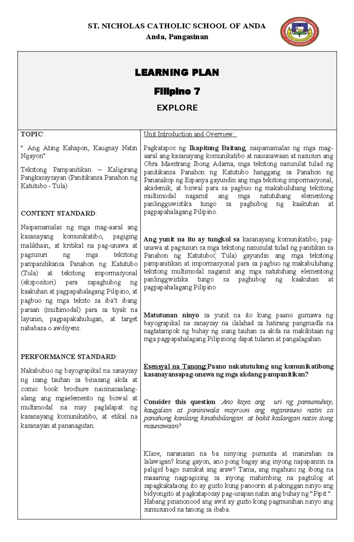 Filipino 7 Learning Plan: Understanding Historical Literature Q1 - Studocu