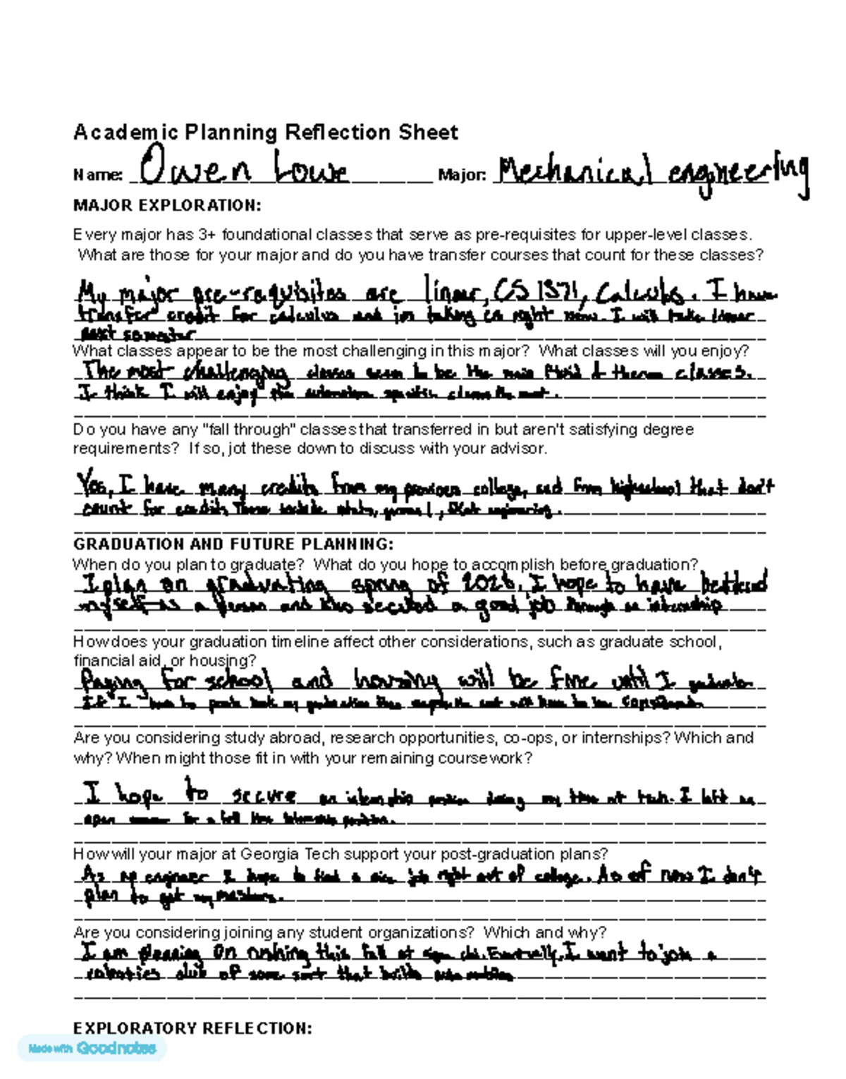 GT 2000 Academic Planning Reflection Worksheet SP25 - Studocu