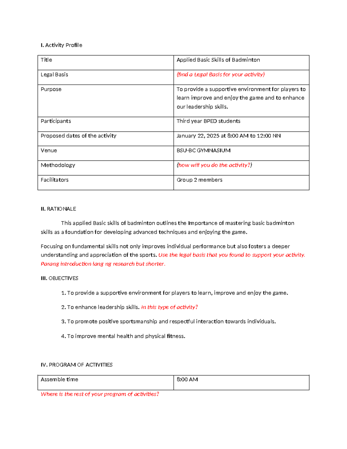Activity Design: Applied Basic Skills of Badminton (BPED 3) - Studocu