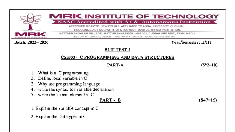 CS3353 C Programming & Data Structures Sliptest QP - Studocu