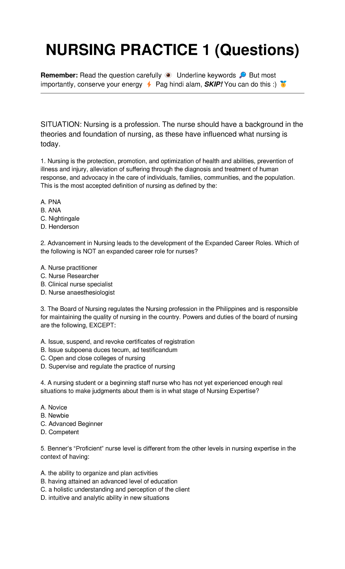 NURSING PRACTICE 1 - Practice Questions for Exam Preparation - Studocu