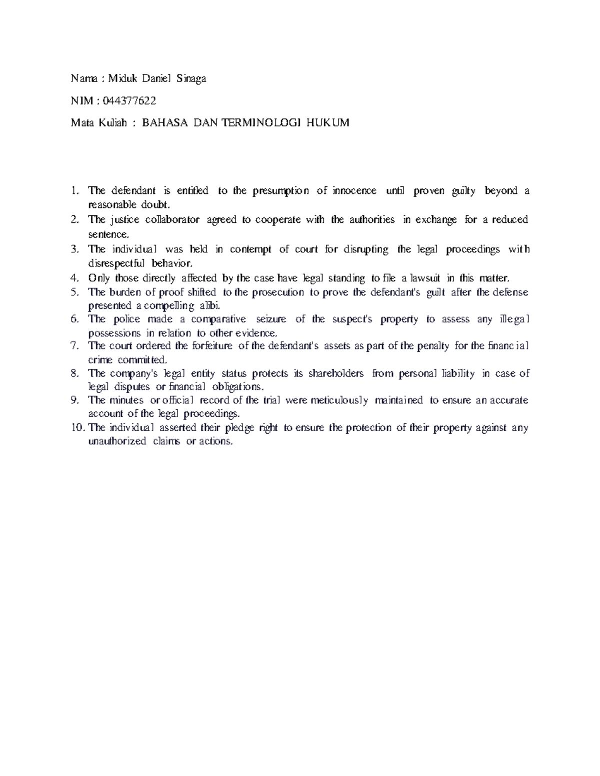 Miduk Daniel Sinaga 044377622 Bahasa DAN Terminologi Hukum - Nama ...