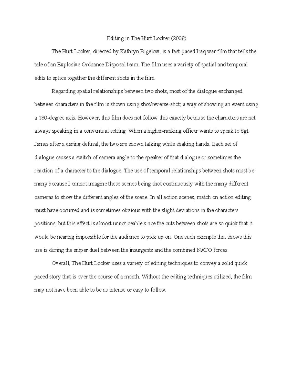 Assignment 4 - Editing Analysis of The Hurt Locker (2008) - Studocu