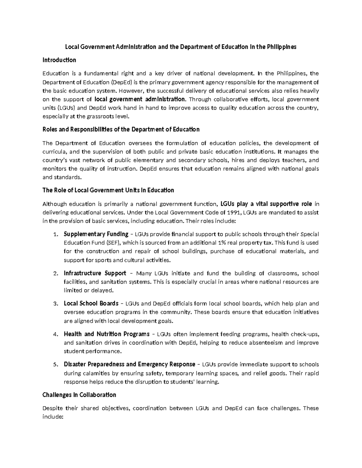 Local Government & DepEd Collaboration in PH Education System - Studocu