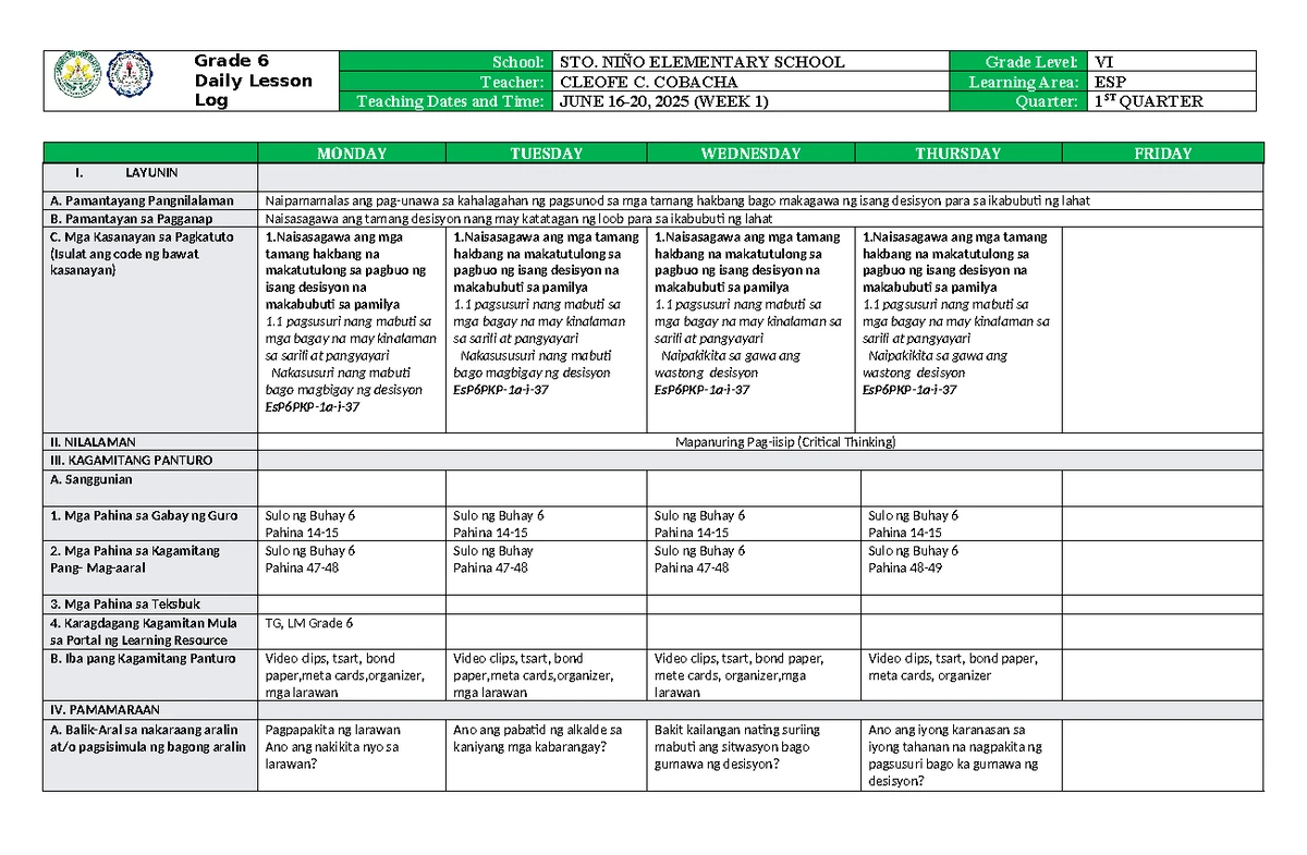 Grade 6 Daily Lesson Log: English 6 Q1 W1 Activities and Objectives ...