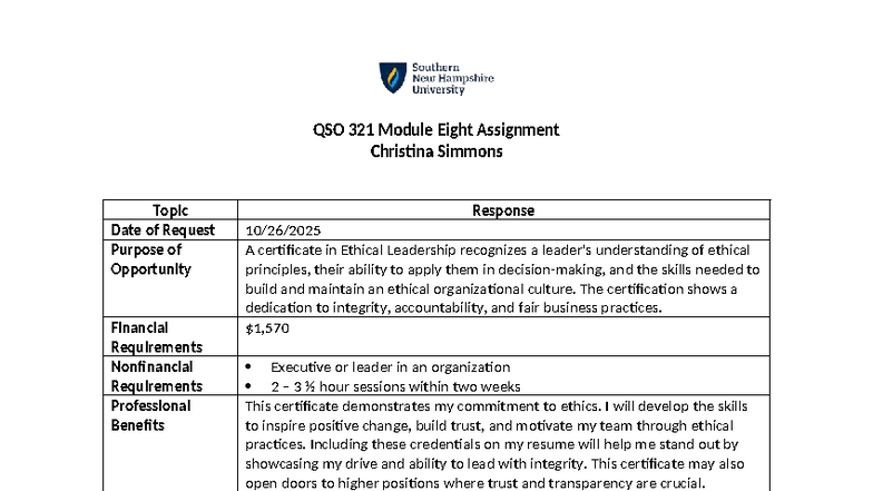 QSO 321 Module 8 Assignment - Request for Ethical Leadership Funds ...