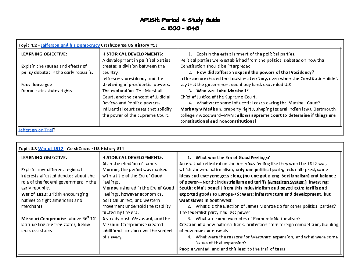 APUSH Period 4 Study Guide: c. 1800 - 1848 Overview and Key Concepts ...