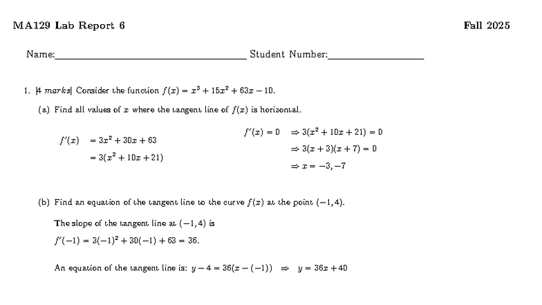 MA129 Lab Report 6: Tangent Lines & Uber Pricing Analysis - Studocu