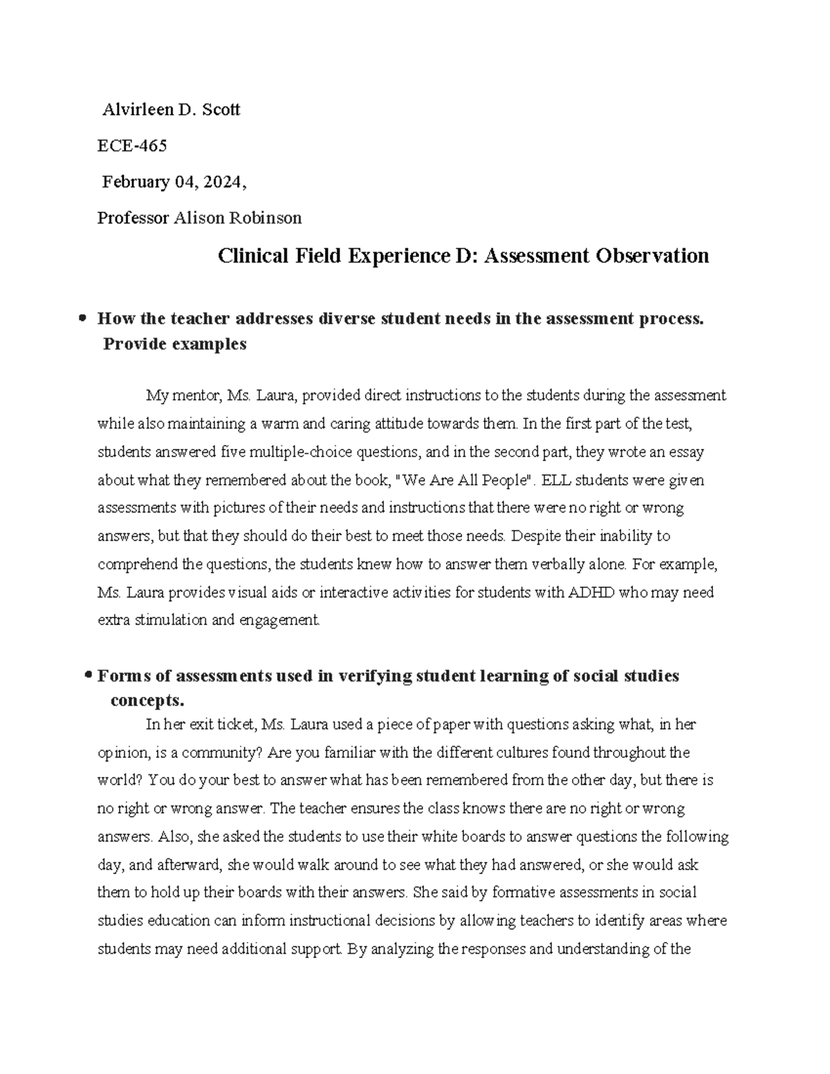 Clinical Field Experience D: Assessment Observation Insights - Studocu