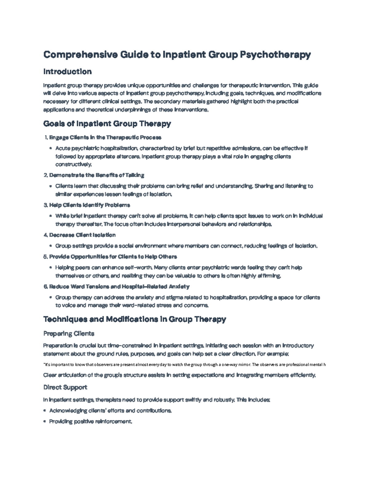 Inpatient Group Psychotherapy: Techniques and Challenges in Acute Care ...