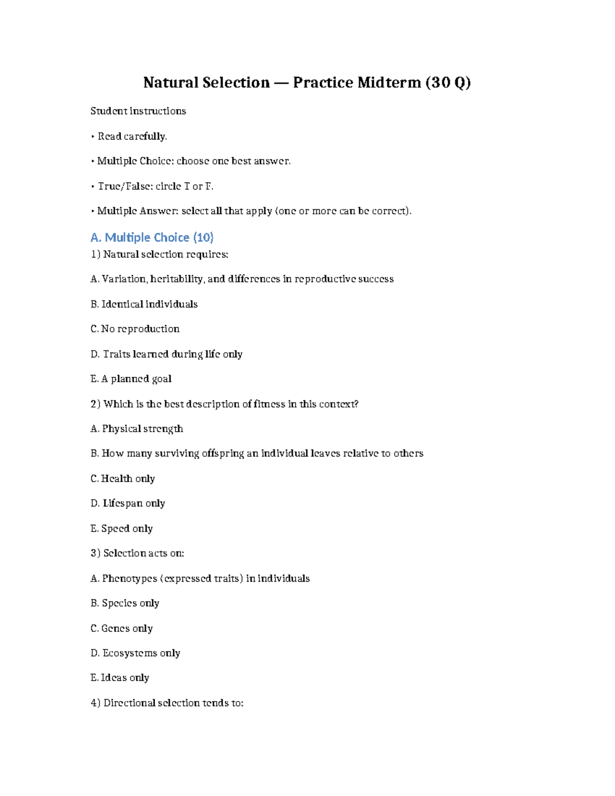 Natural Selection Practice Midterm (30 Q) Study Guide - Studocu