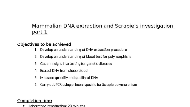 Genetics Experimental Protocol: Mammalian DNA Extraction & Scrapie ...