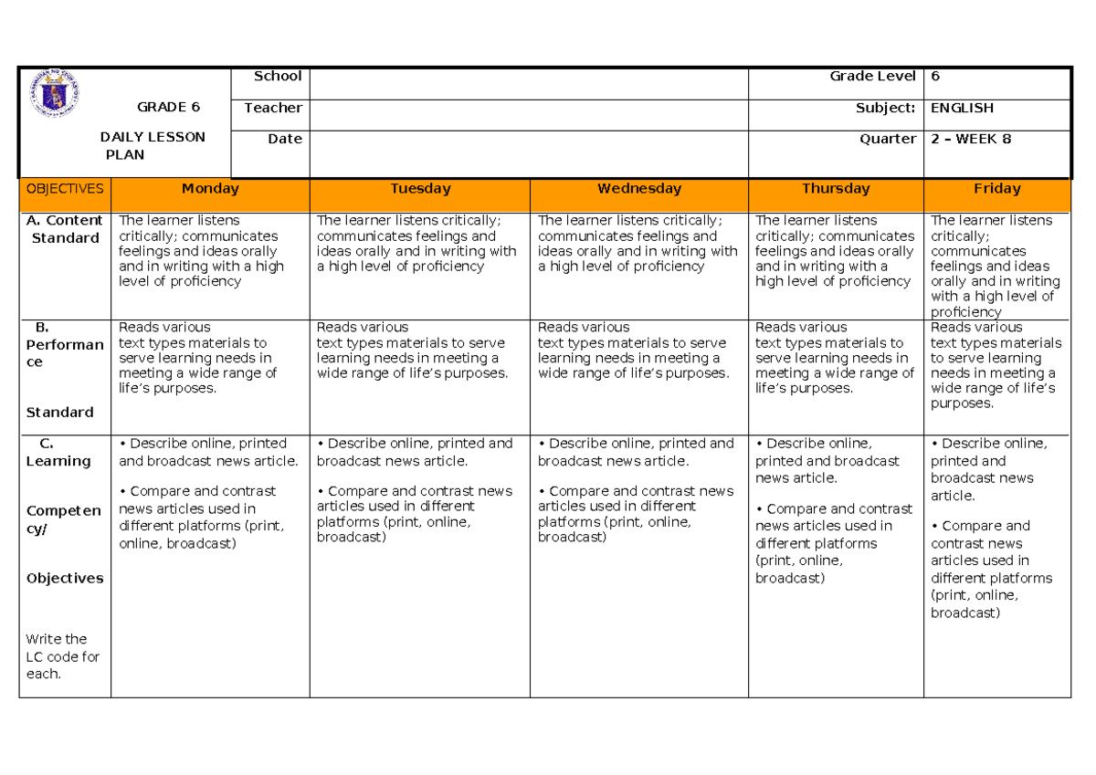 GRADE 6 English Daily Lesson Plan - Week 8 - Studocu