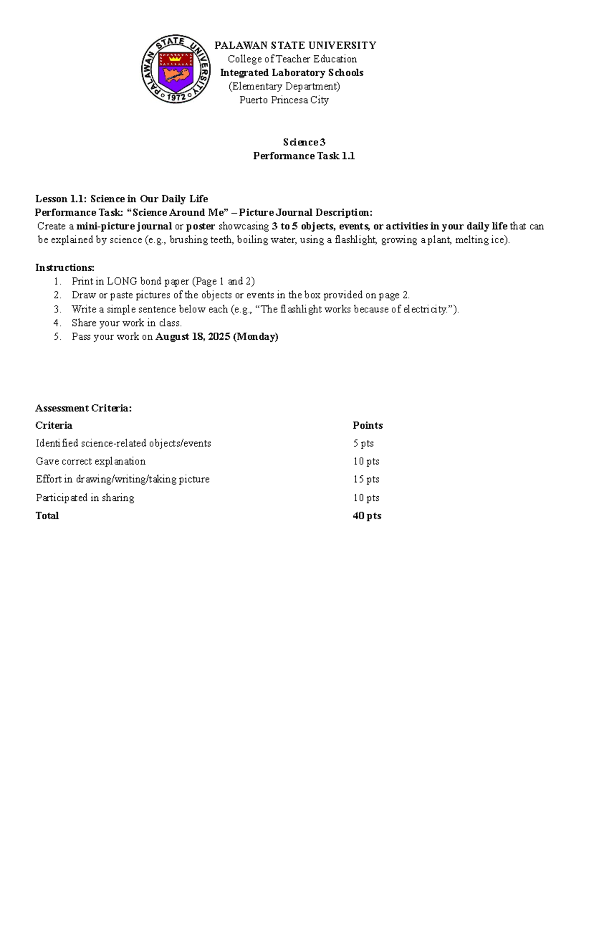 Science 3 Performance Task 1.1: Daily Life & Science Journal - Studocu