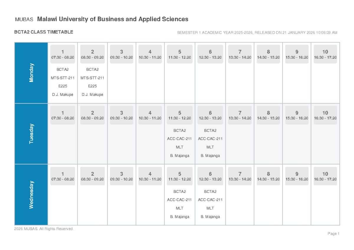 BCTA2 Class Timetable for Taxation - Semester 1 AY 2025-2026 - Studocu