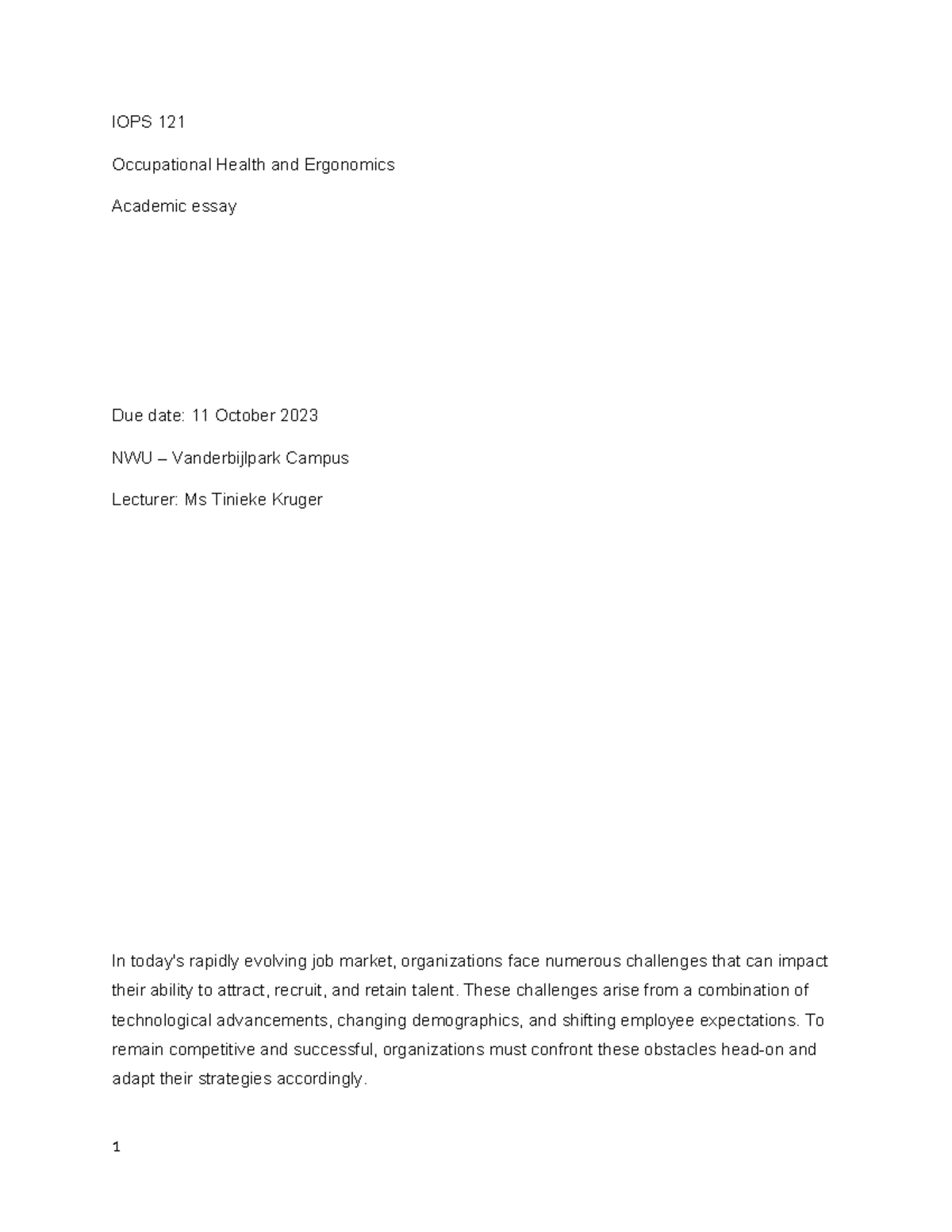 IOPS academic essay - IOPS 121 Occupational Health and Ergonomics ...