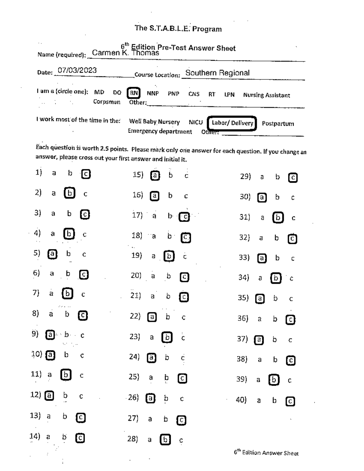 S.T.A.B.L. Program 6th Edition Pretest Answer Sheet for Infants - Studocu