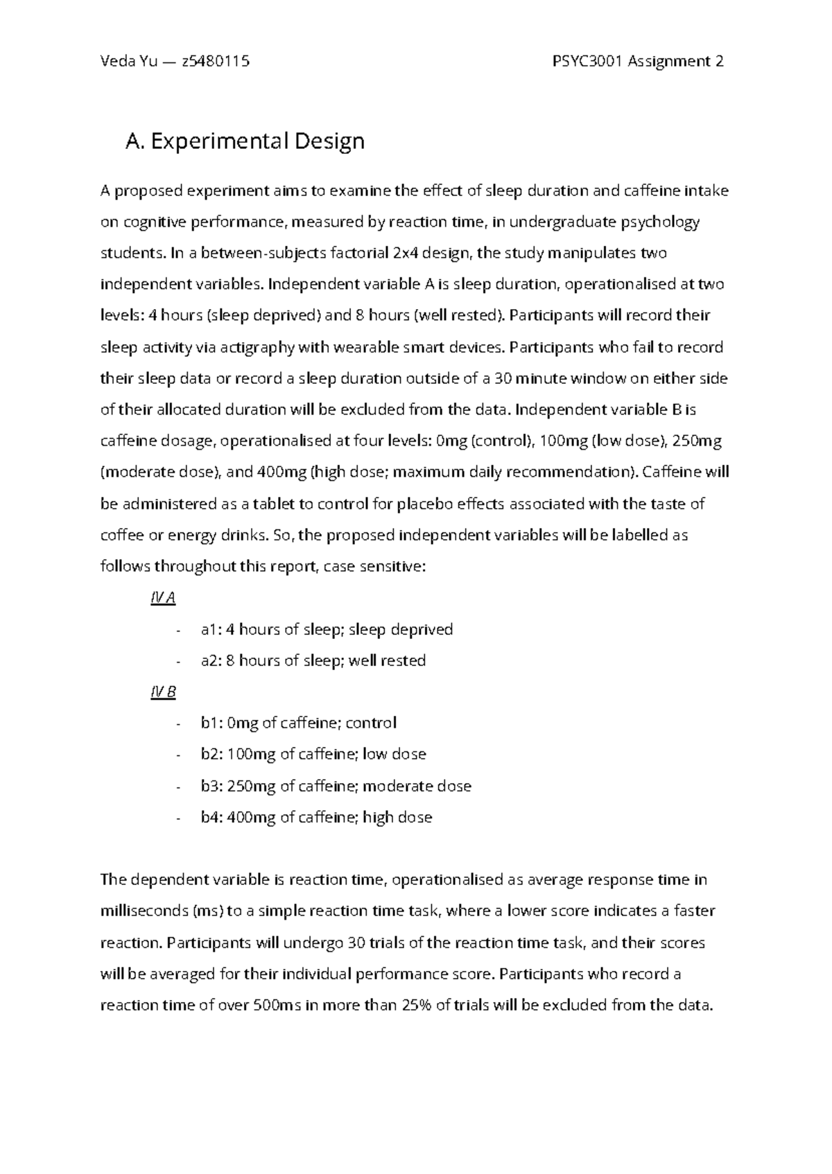 PSYC3001 Assignment 2: Effects of Sleep and Caffeine on Reaction Time ...