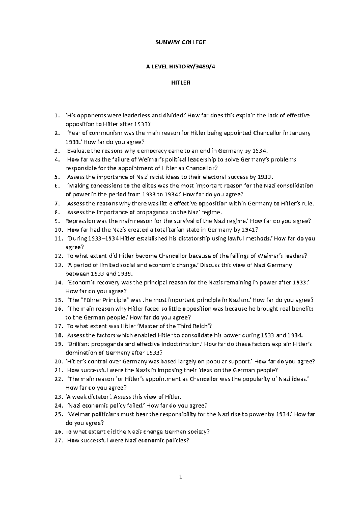 A Level History/9489: Key Questions on Hitler's Rise and Regime - Studocu