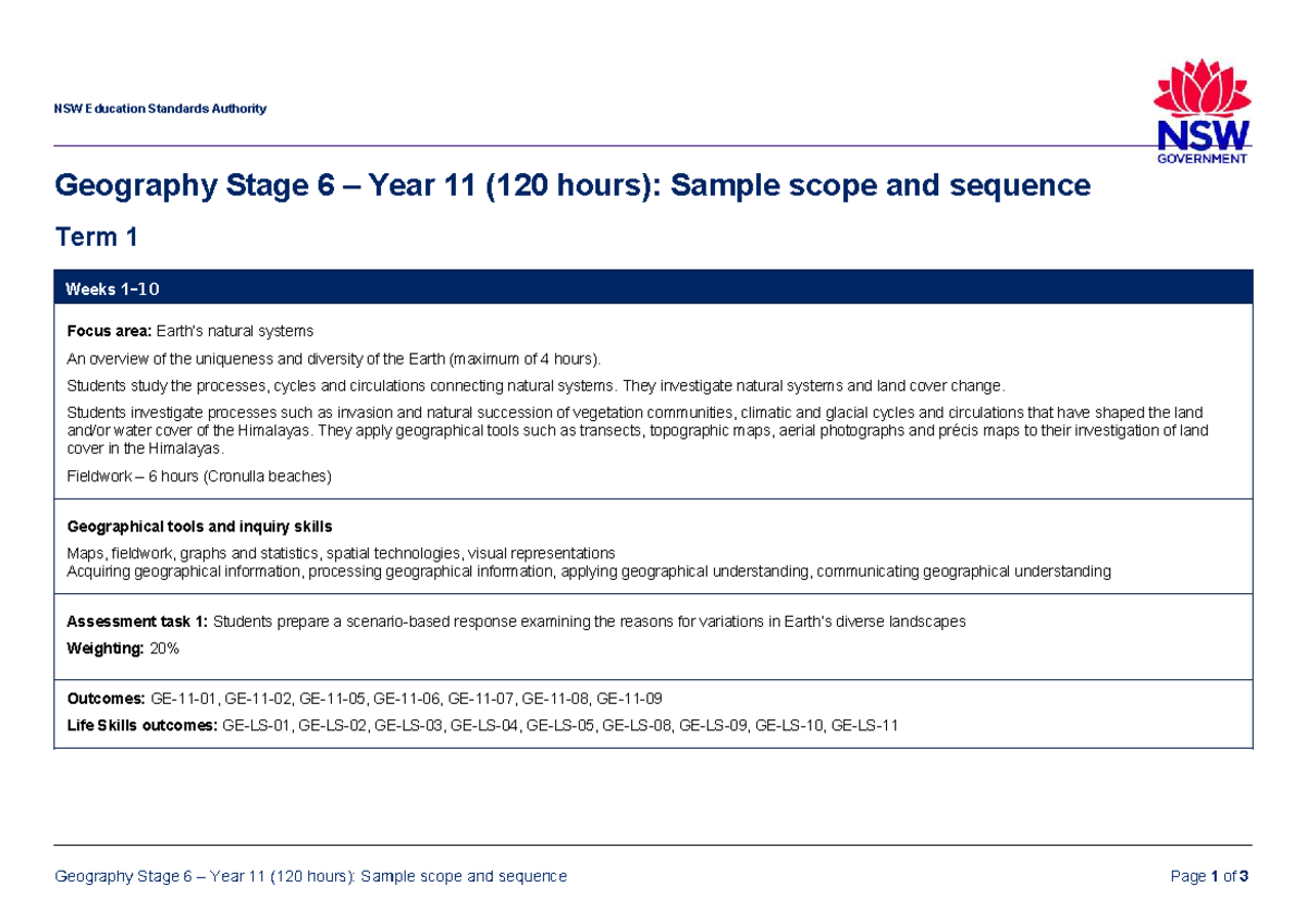 Geography Stage 6 Year 11 (120 hrs): Sample Scope & Sequence Overview ...