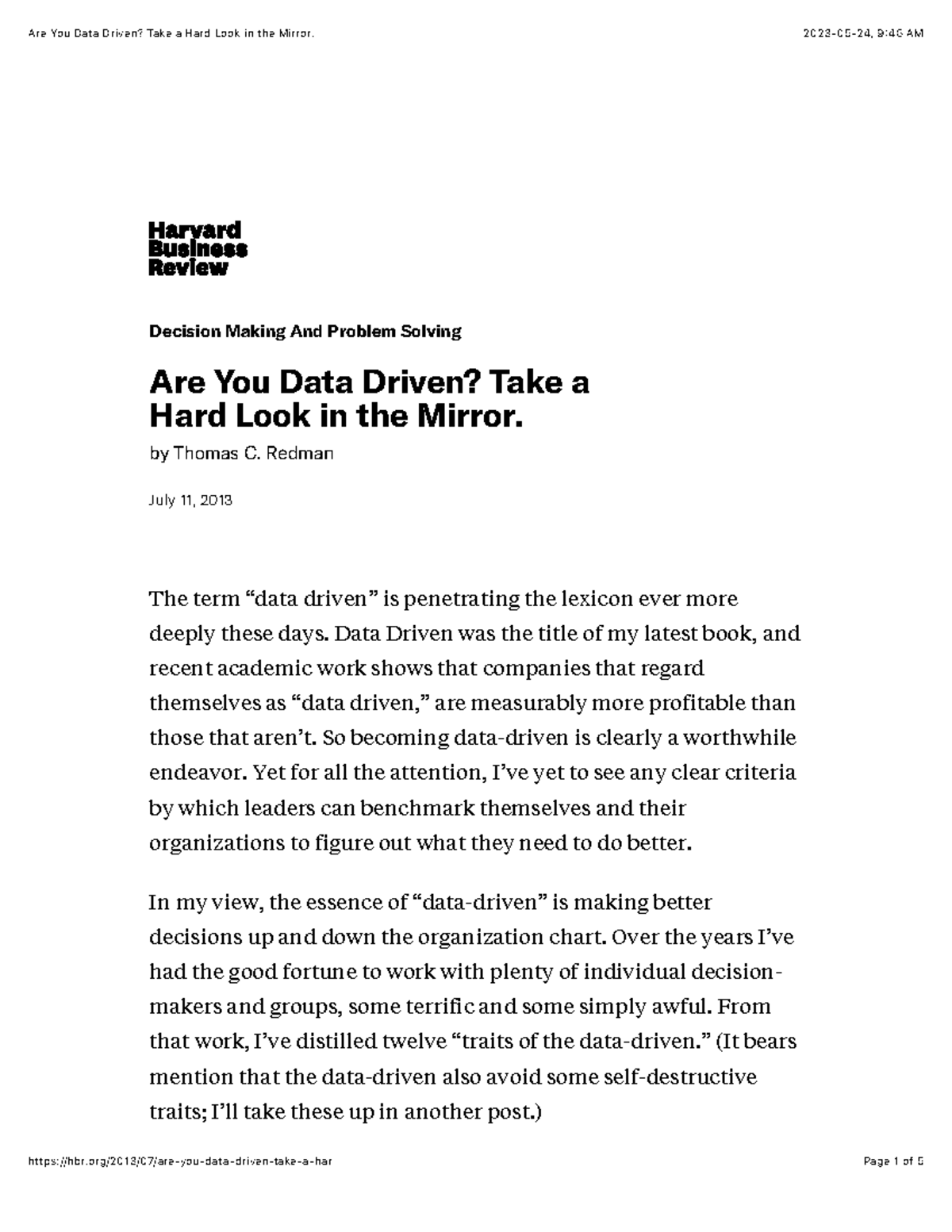 HBR Case Study: Are You Data Driven? Insights on Decision Making - Studocu