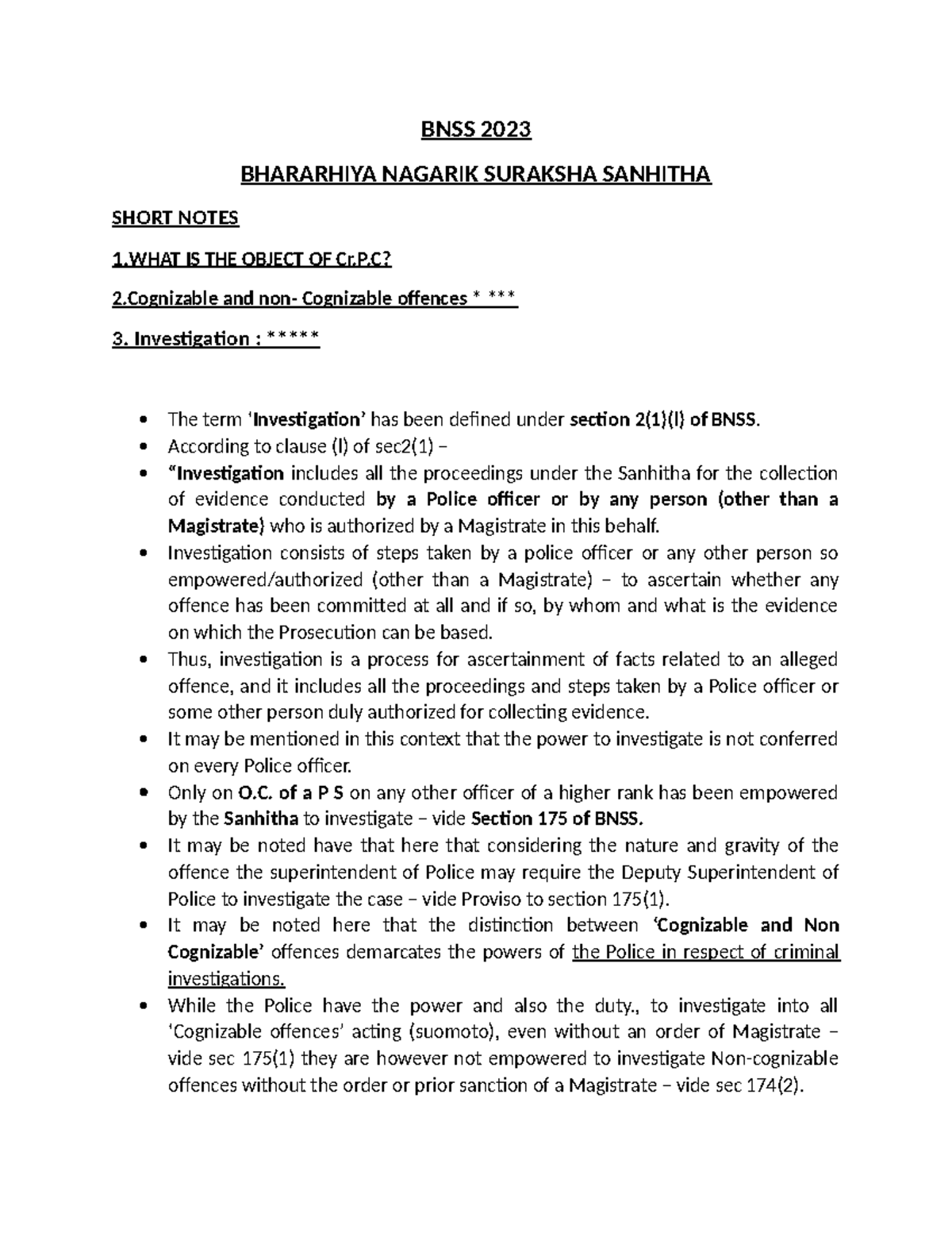 BNSS 2023 - Key Study Notes on Bharariya Nagarik Suraksha Sanhitha ...