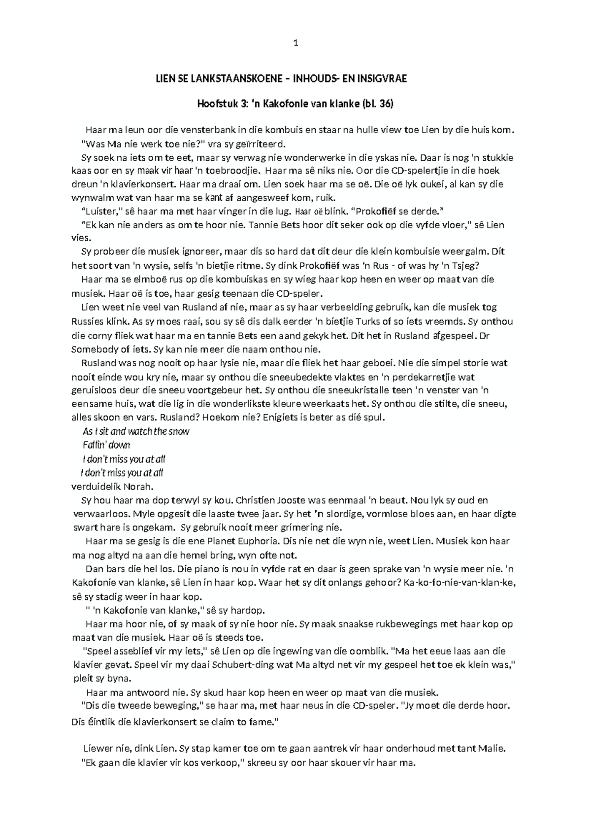 Liedjies en Gesprekke: Hoofstuk 3 Inhouds- en Insigvrae van Lien se Lankstaanskoene - Studocu